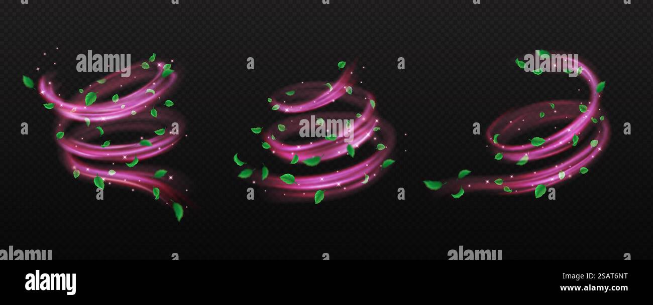 Fresh leafage whirling by shiny pink flows realistic vector illustration set. Leaves in magic ...