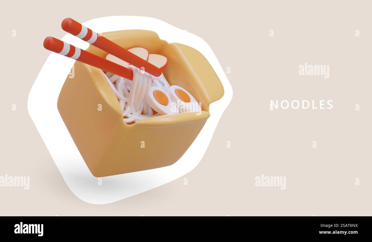 Realistic rice noodles with eggs and meat. Takeaway food in paper box ...