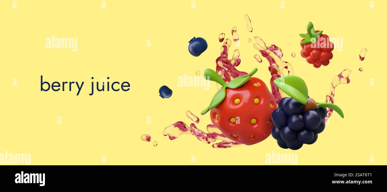Natural dessert, berry juice. Realistic ripe berries with green leaves ...