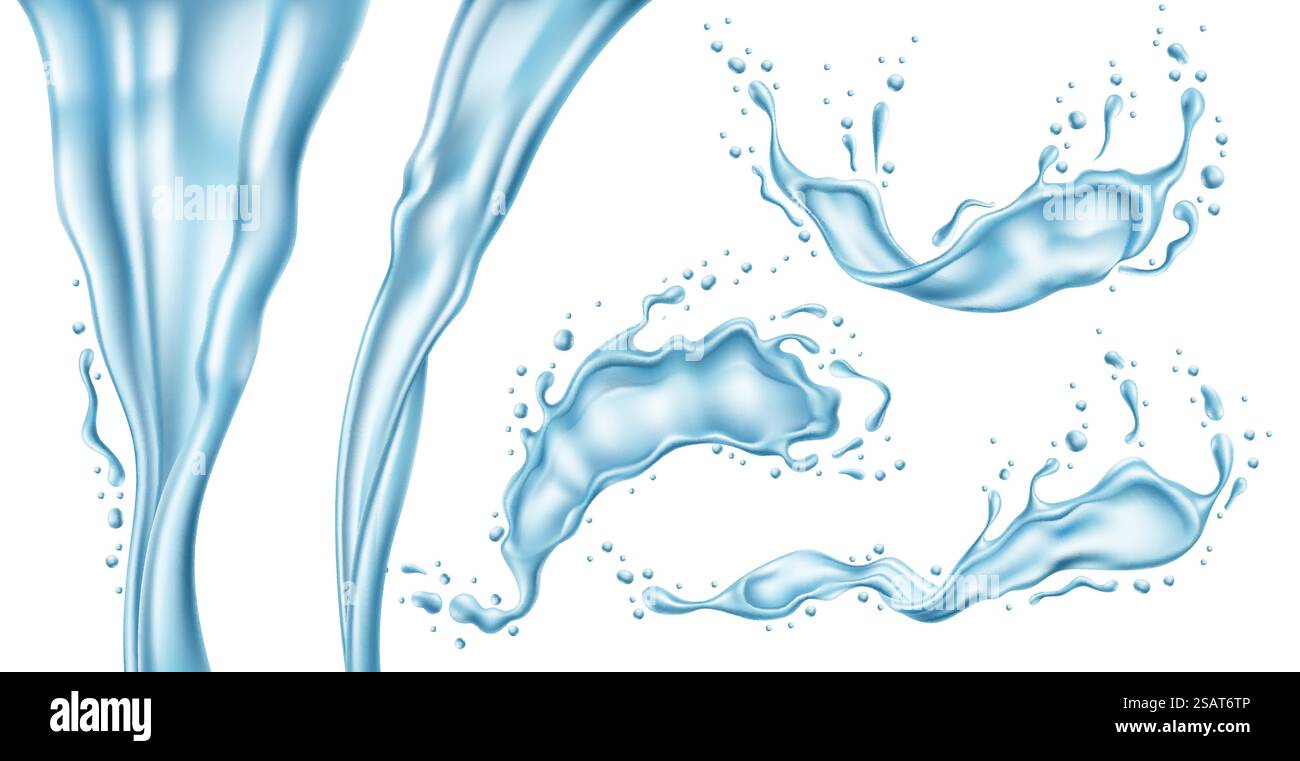 Water splashes. Realistic blue liquid splashes, flying drops and jets ...