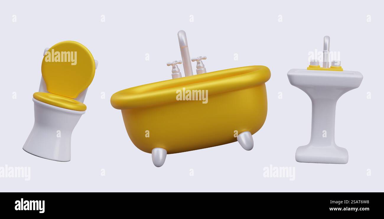 Collection of sanitary ware in cartoon style. Golden bathtub on ...