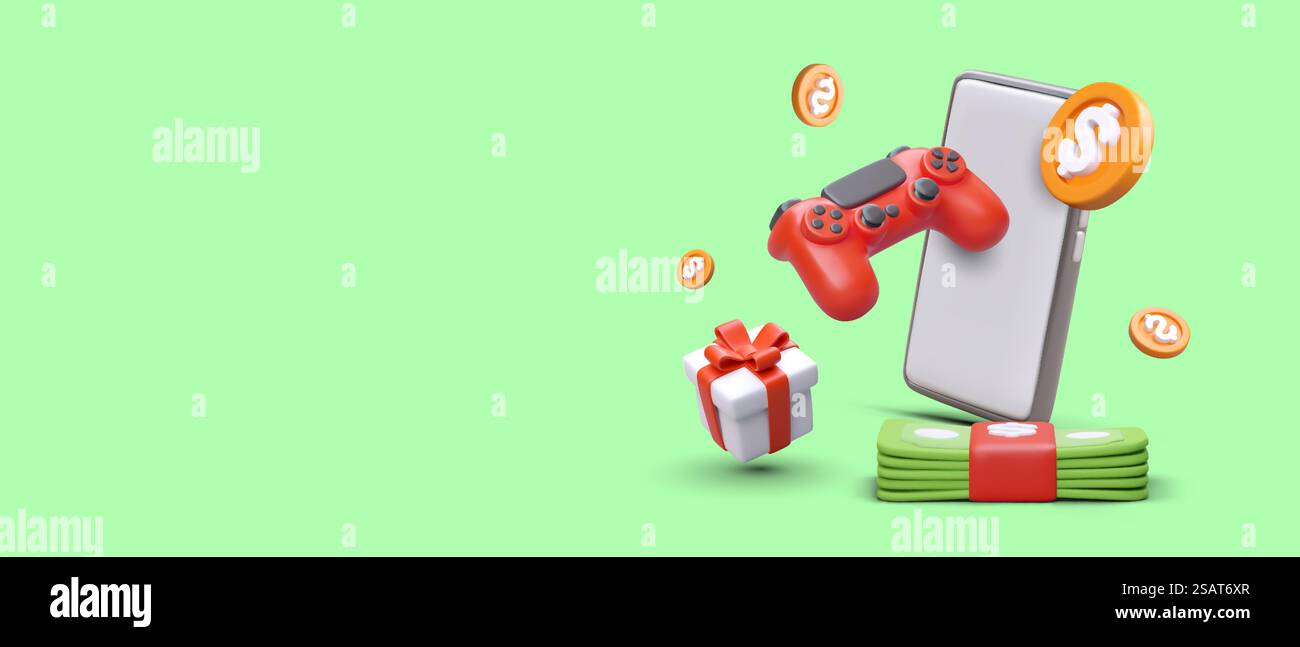 Realistic gamepad, smartphone, coins, banknotes, gift in box ...