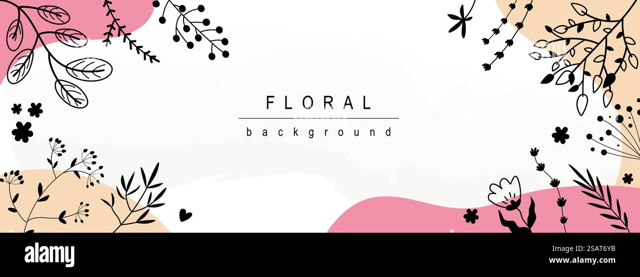 Floral horizontal web banner abstract black outline wildflowers hi-res ...