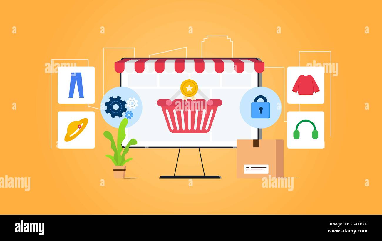 E commerce, cyber security and data protection concept. Vector ...