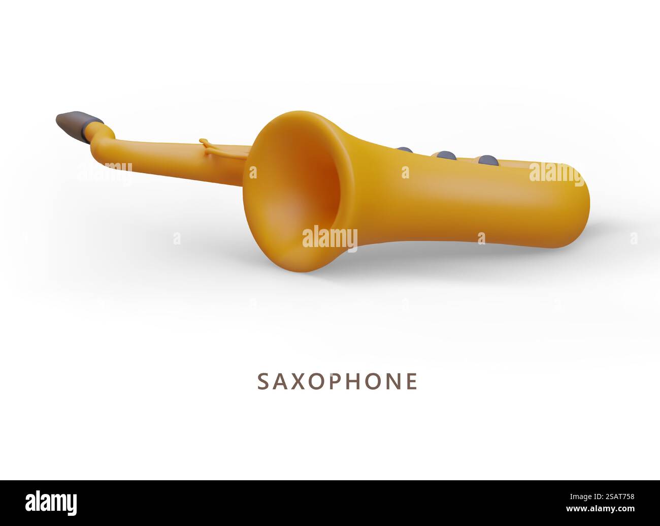 3D yellow saxophone in horizontal position. Classical wind musical ...