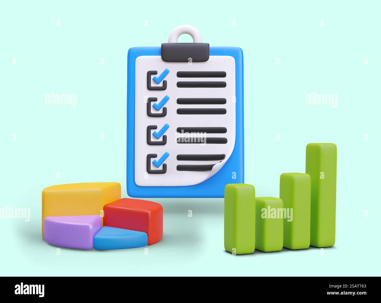 3D clipboard with checkbox, bar and pie chart. Concept of control of ...