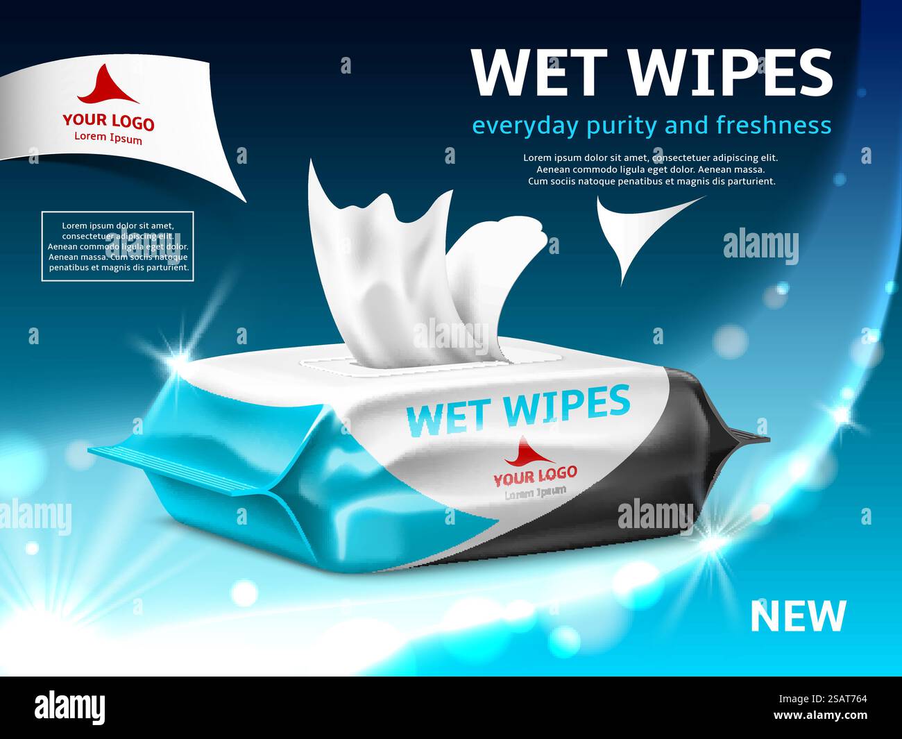 Realistic wet wipes poster. Sanitary antibacterial wipes, family ...