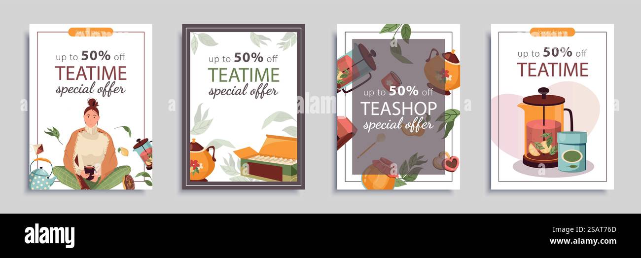 Tea shop sales cover brochure set in flat design. Poster templates with ...