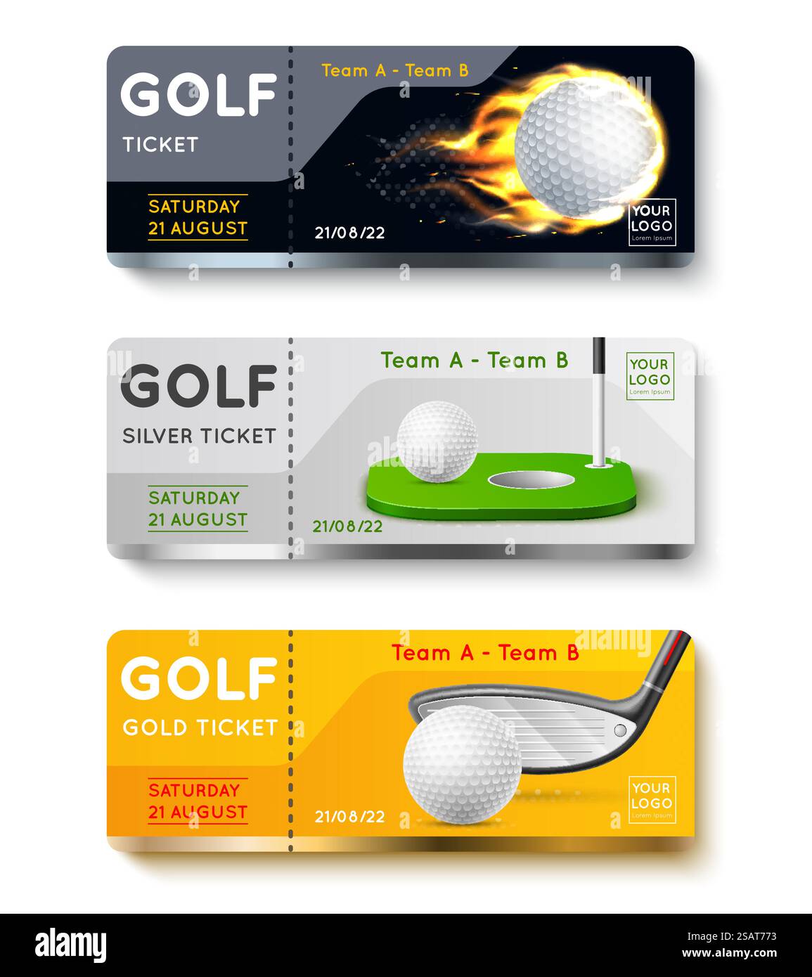 Realistic golf cards. Sport game tickets, invitation coupons ...
