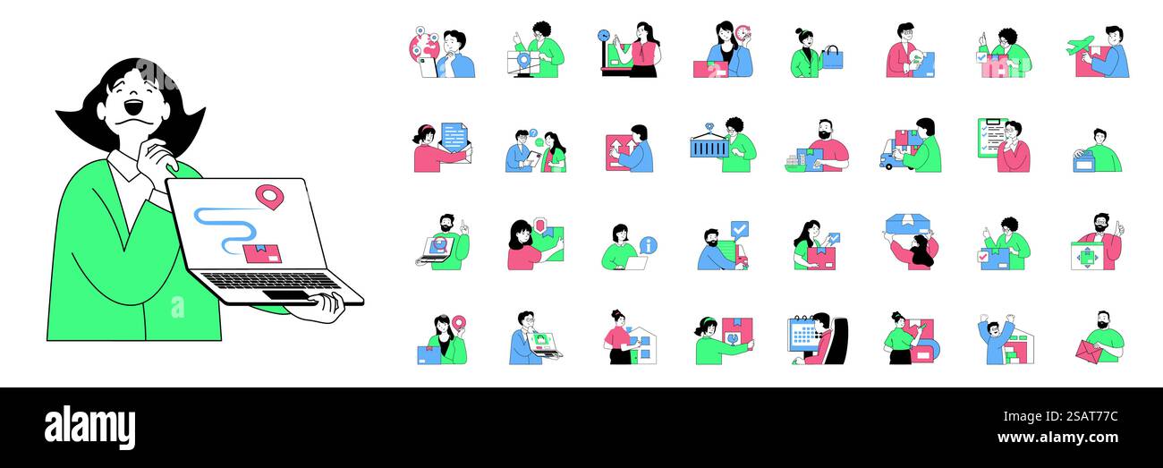 Delivery concept with character situations mega set in flat web design. Bundle of scenes people ...