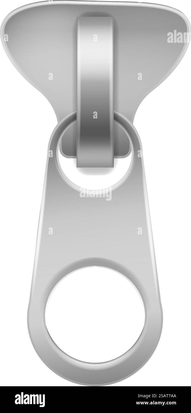 Silver puller clasp. Realistic metal zipper clasp isolated on white background. Silver puller ...