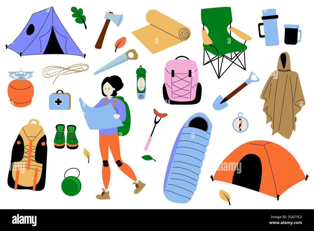 Camping mega set in flat design. Bundle elements of tent, axe, mat ...
