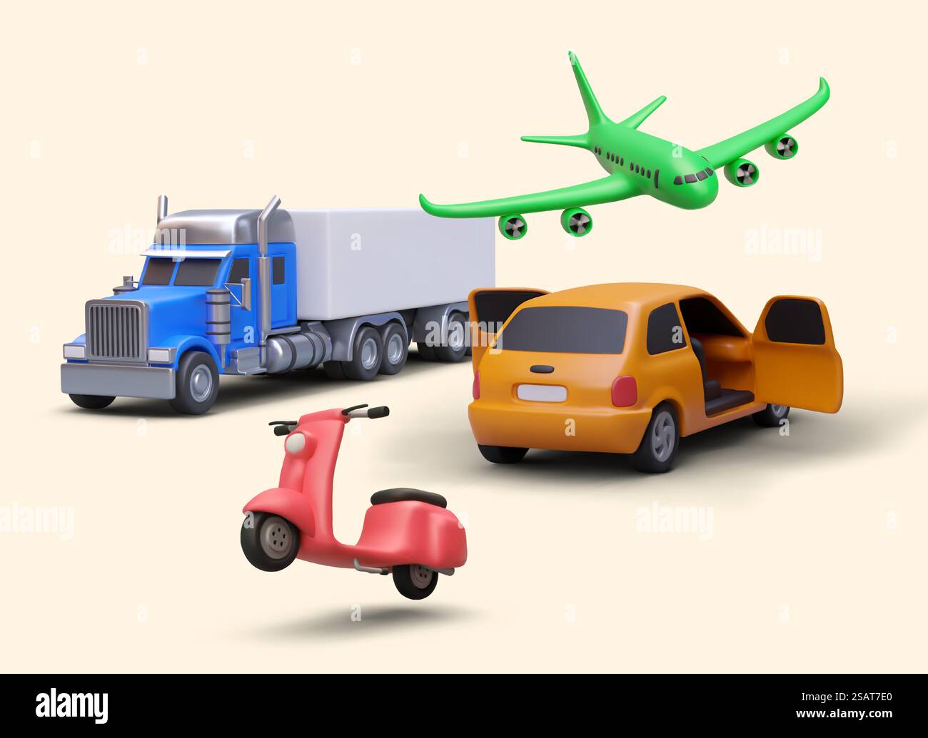 3d different transportation for travel and delivery. Orange car with ...