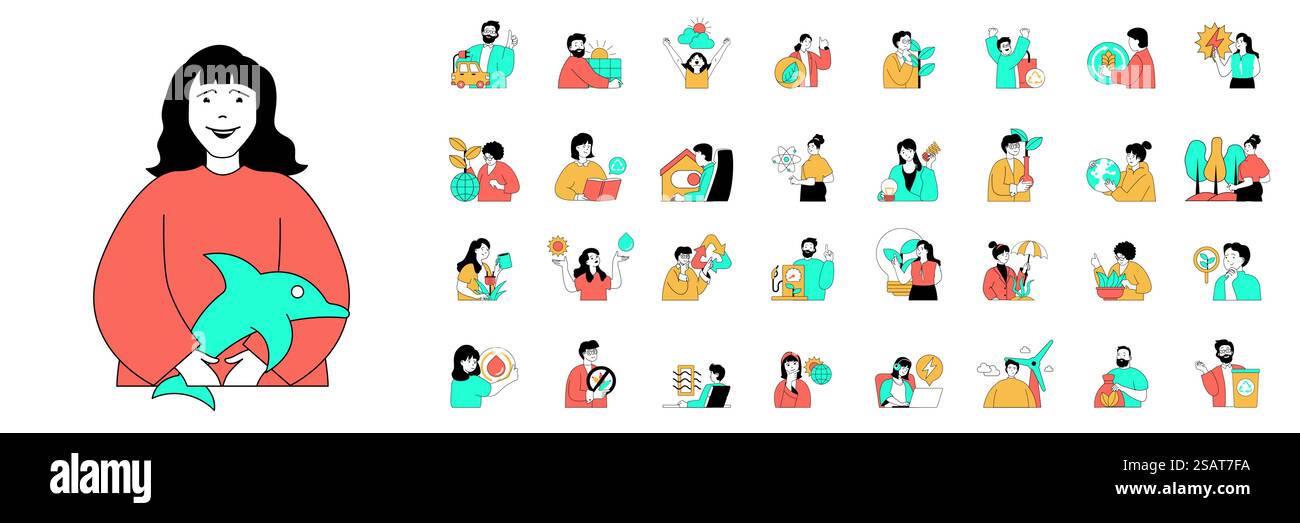 Ecology concept with character situations mega set in flat web design ...