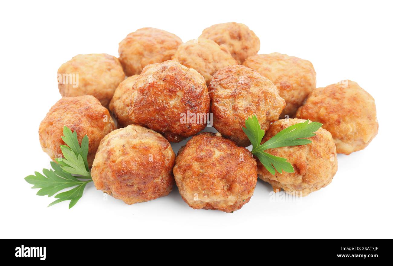 Pile of delicious meatballs and parsley isolated on white Stock Photo ...