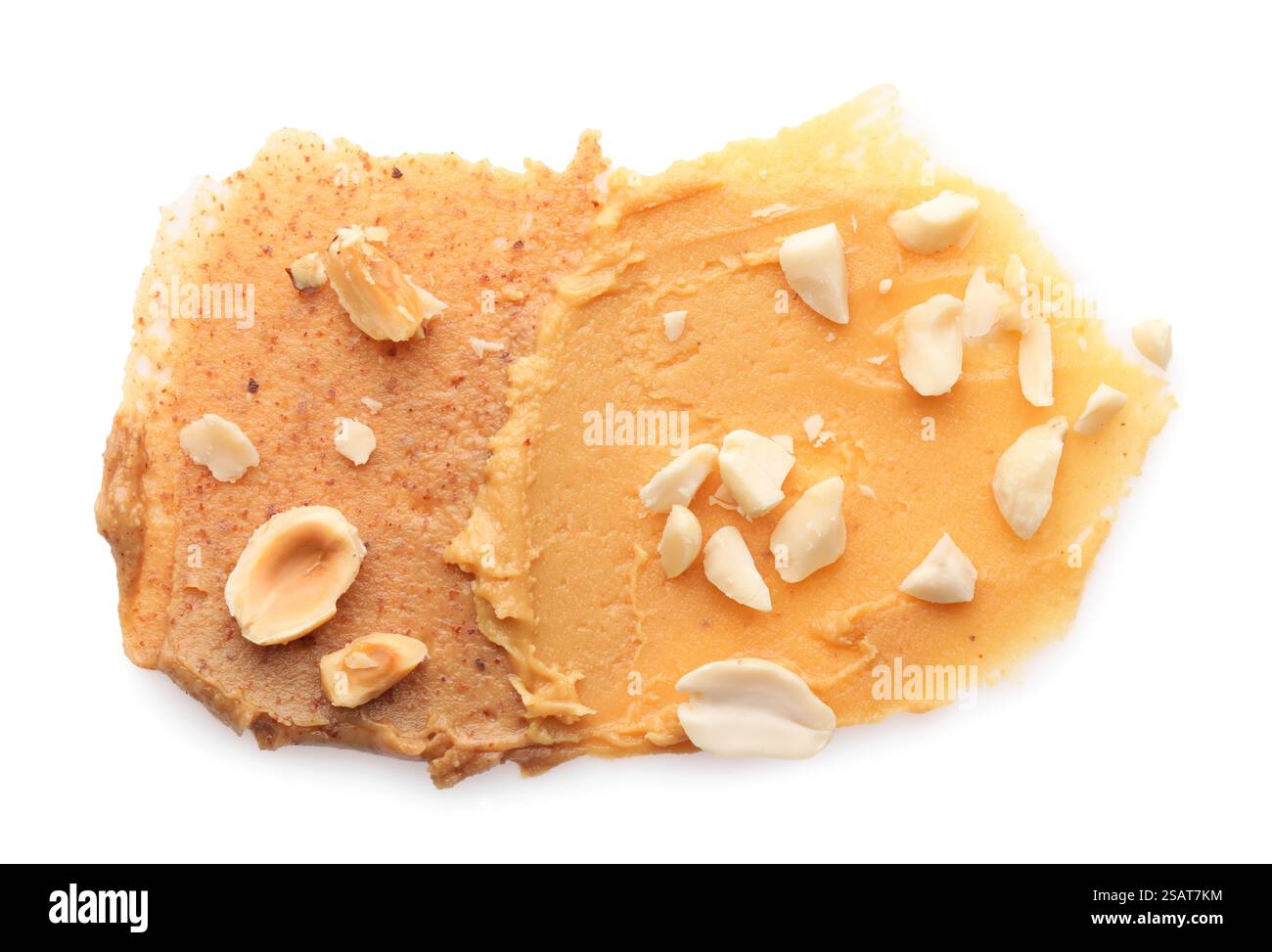 Different nut butters and nuts isolated on white, top view Stock Photo ...
