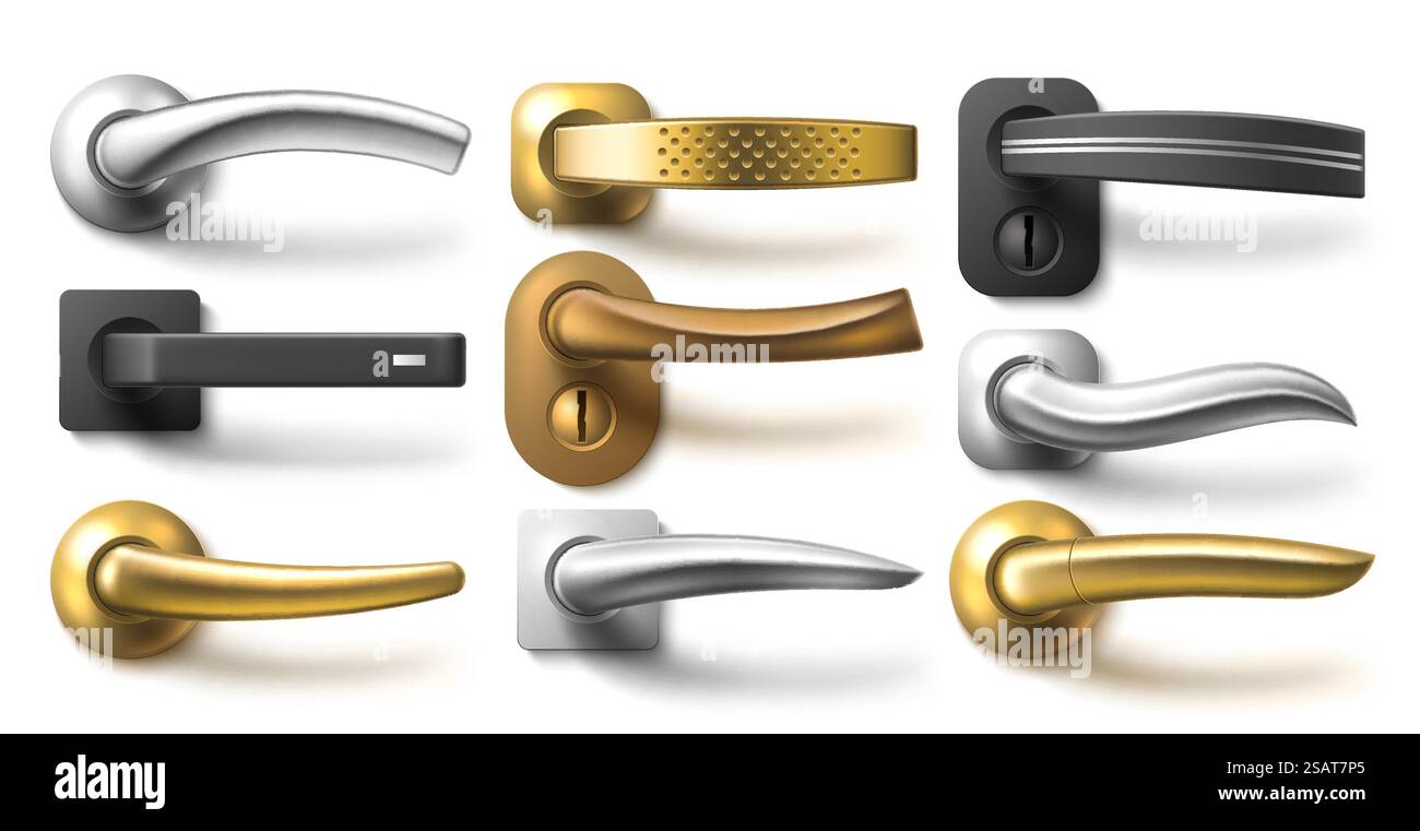 Realistic door handles different metal furniture and interior ...