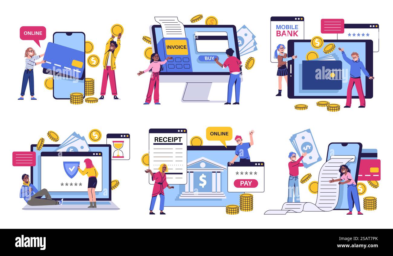 Online payment people. Funny characters pay bills. Internet wallet and ...