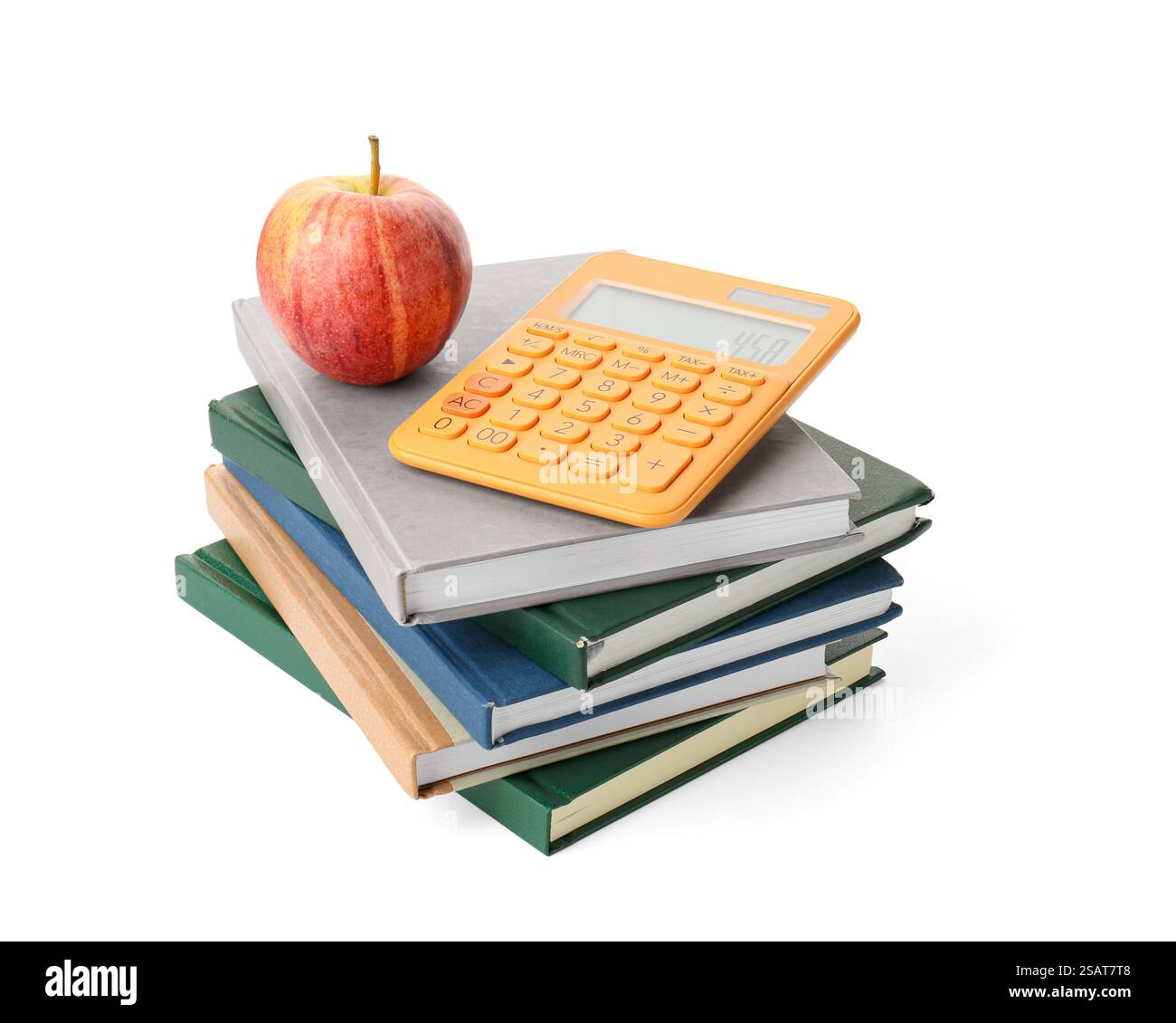 Stack of books, calculator and apple isolated on white Stock Photo - Alamy