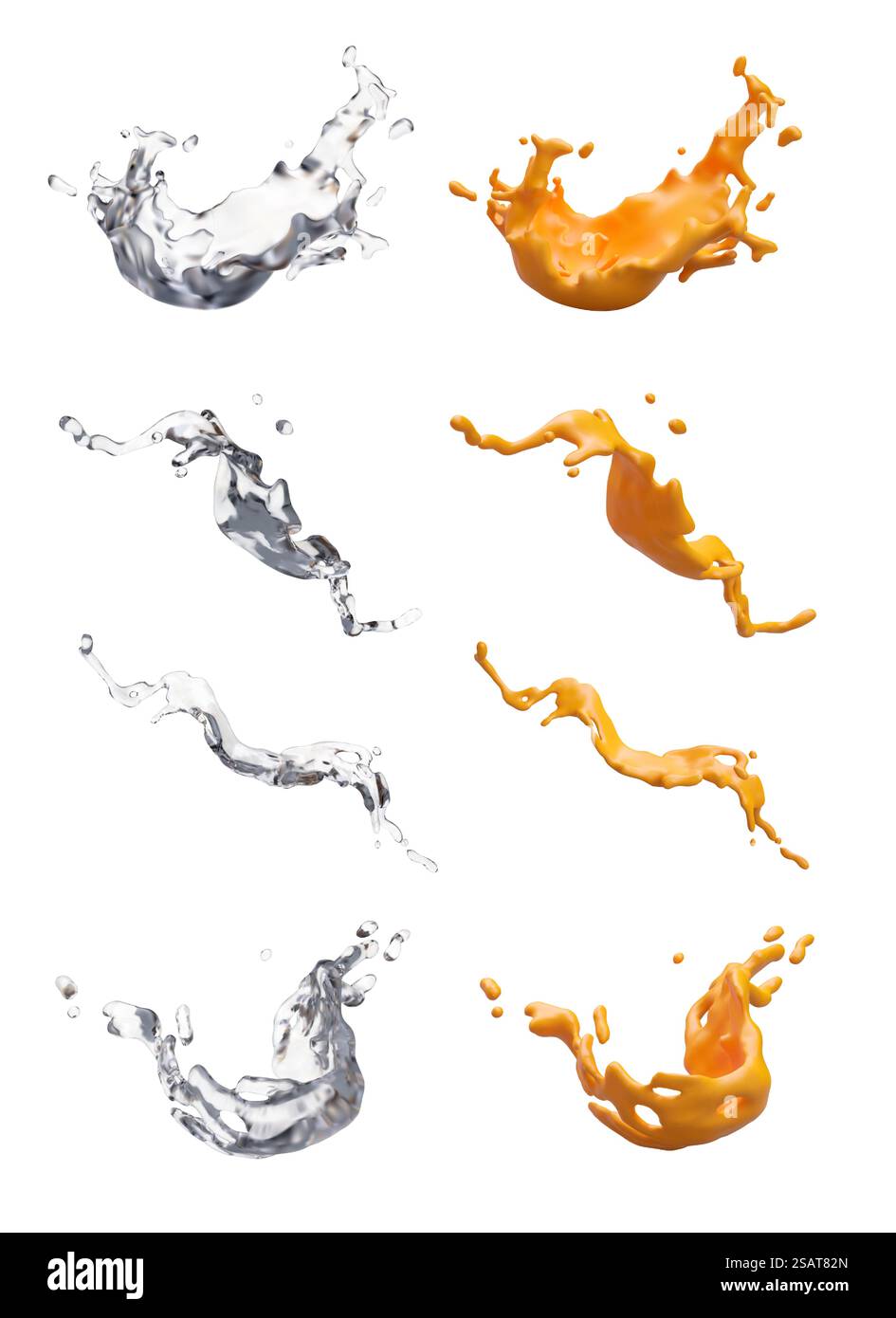 Large set of realistic splashes. Transparent water and orange juice ...