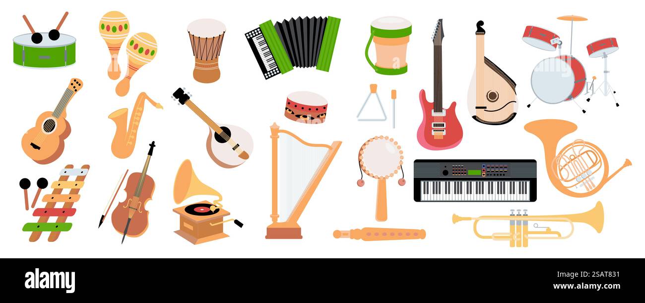 Musical instruments mega set in cartoon graphic design. Bundle elements ...