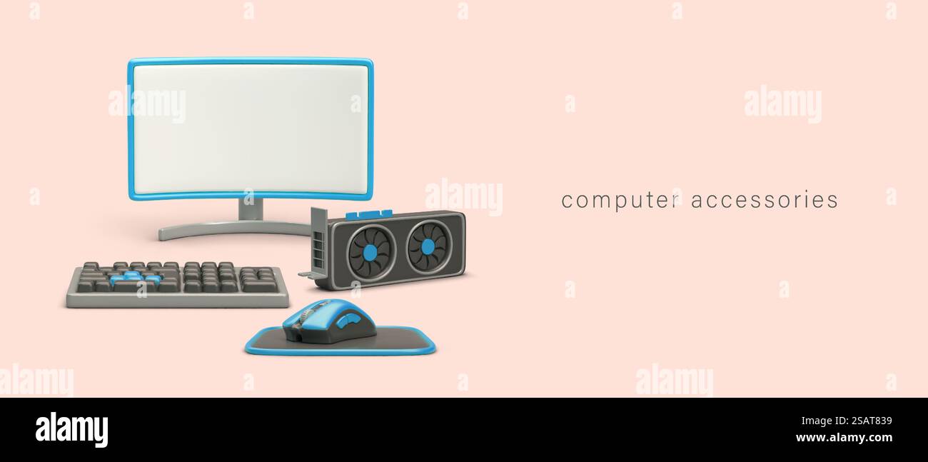 Realistic computer accessories. Wide monitor, video card, keyboard ...