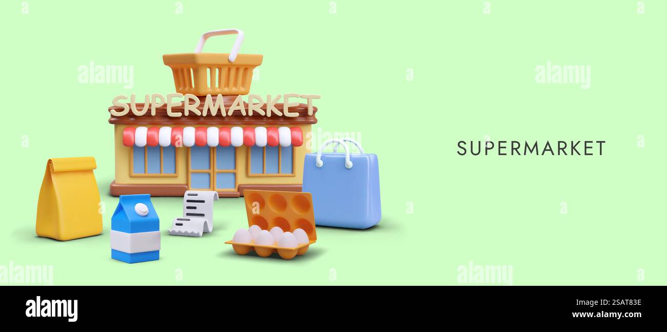 Web poster with model of supermarket, milk product, shopping bags and ...
