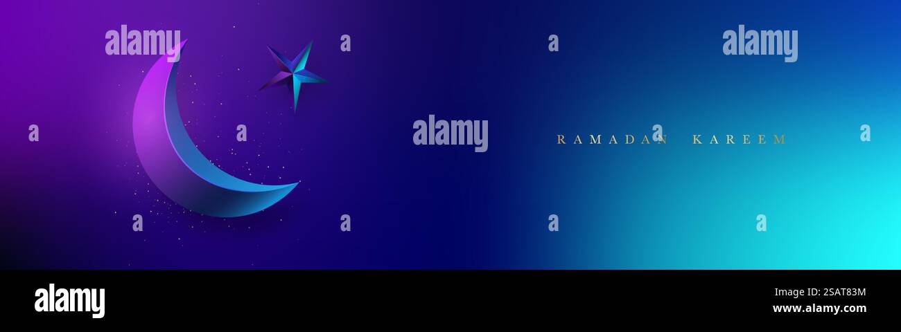 Ramadan Kareem festive horizontal banner. Crescent and star reflect ...