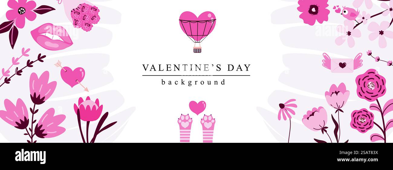 Valentine day horizontal web banner abstract pink flowers and bouquets ...