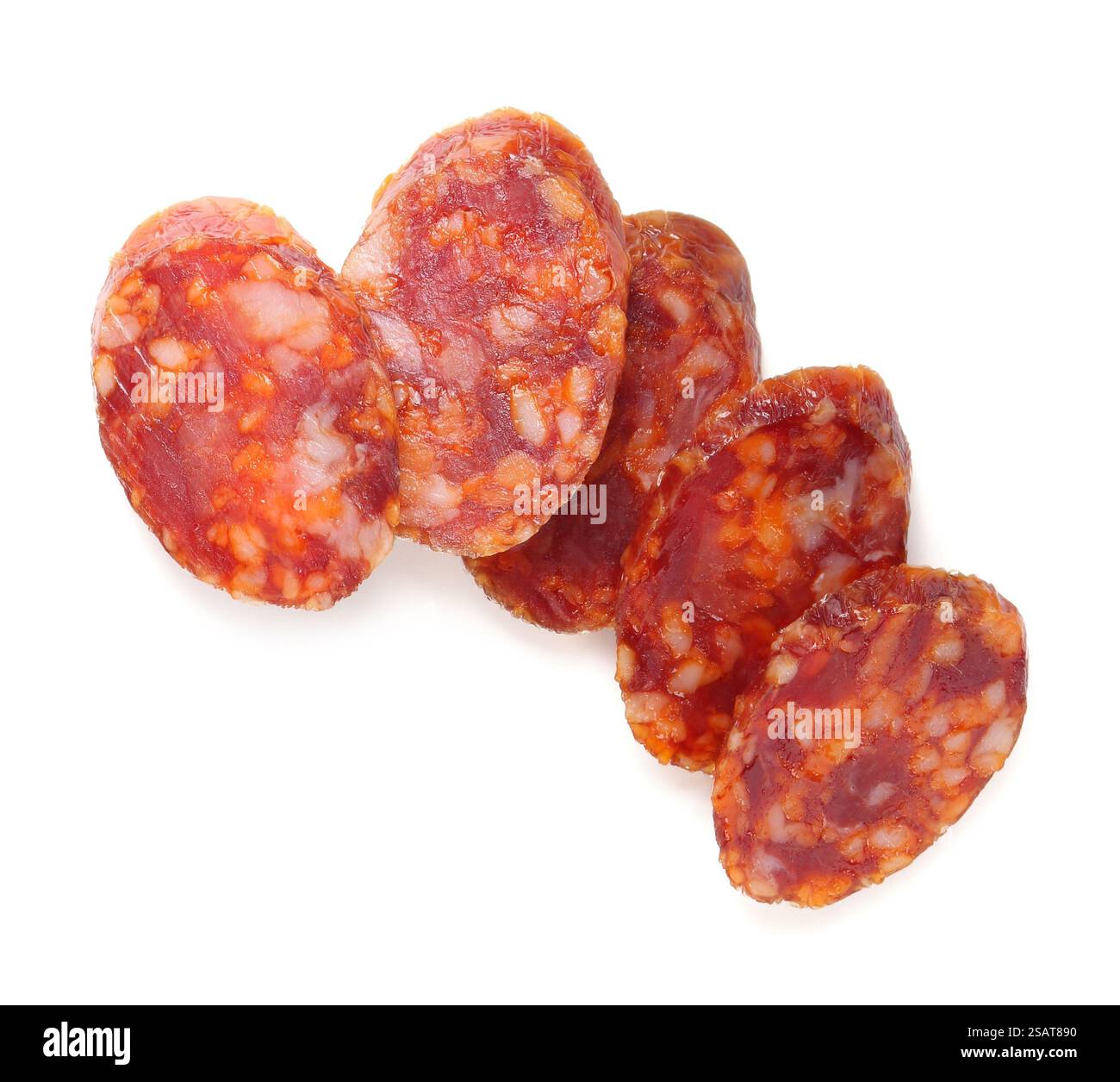 Pieces of delicious dry cured sausage isolated on white, top view Stock ...