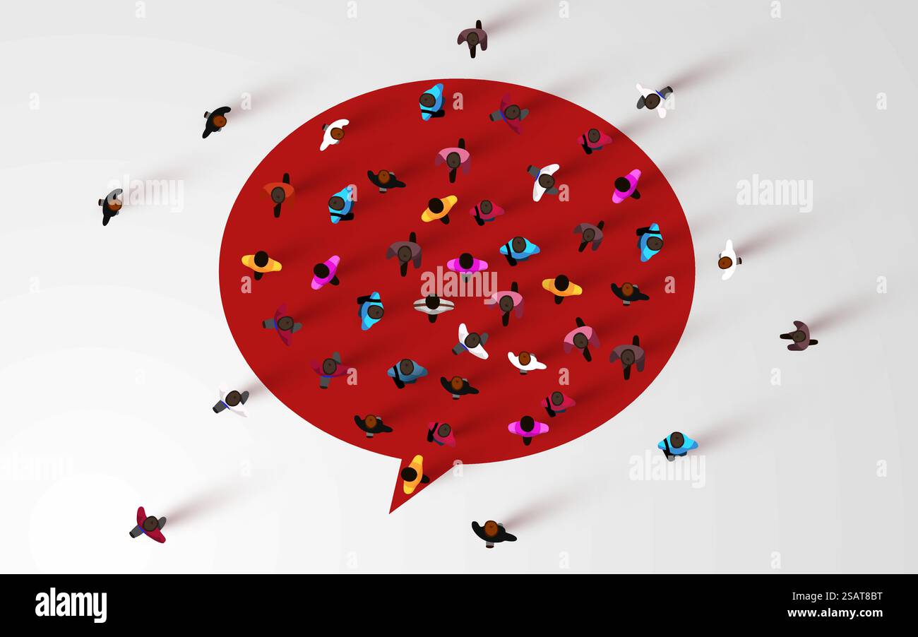 Large group of people standing around chat bubble symbol. Top view ...