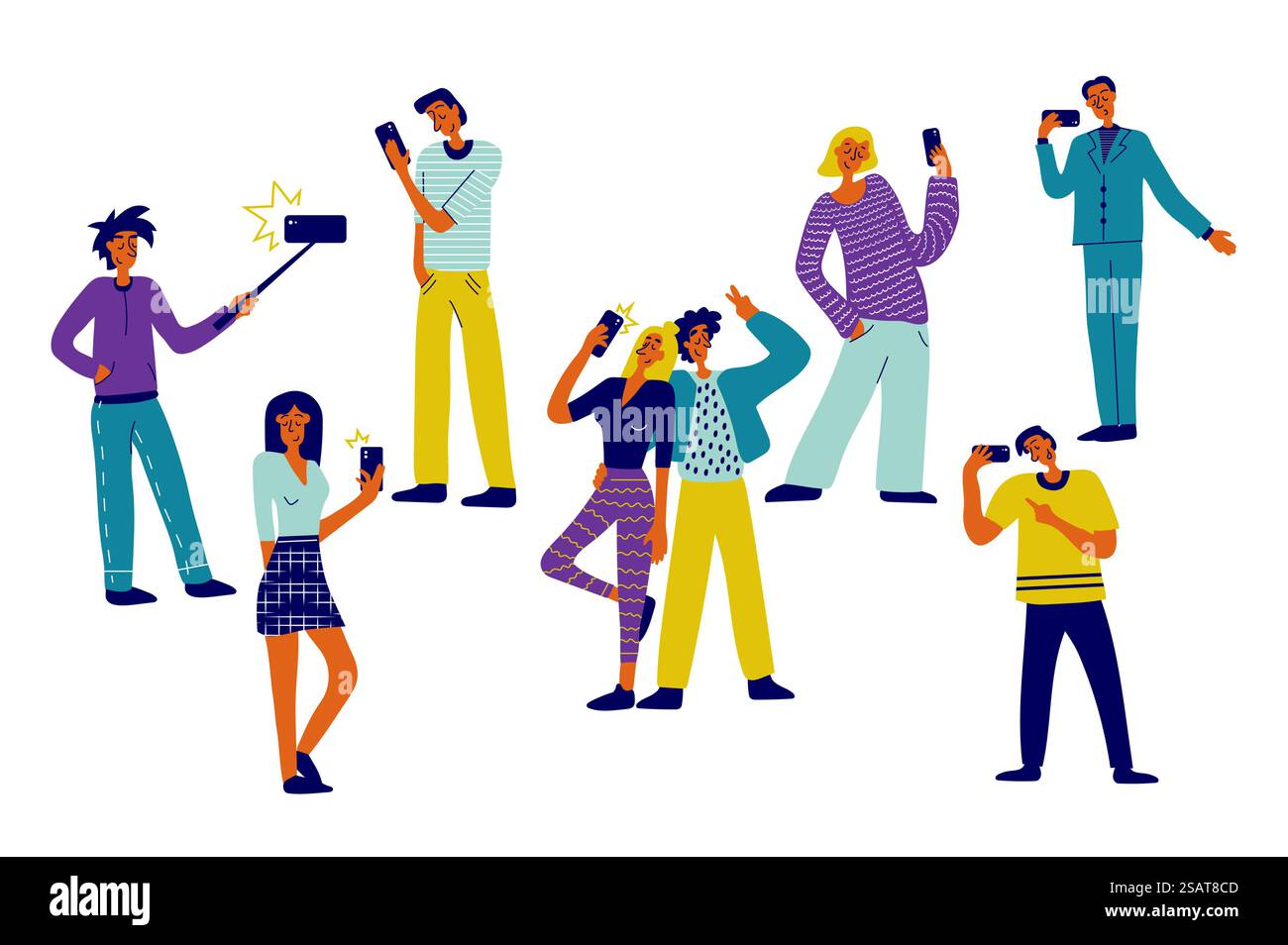 People with mobile phones set in flat character design for web. Bundle ...