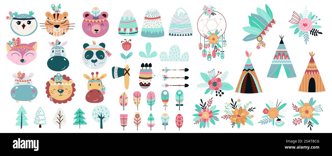 Cute American Indian mega set in cartoon graphic design. Bundle ...