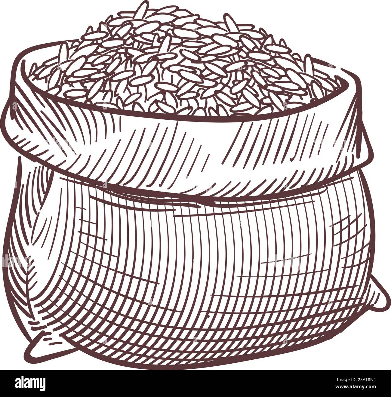 Canvas sack with rice. Grain bag engraving. Hand drawn sketch isolated ...