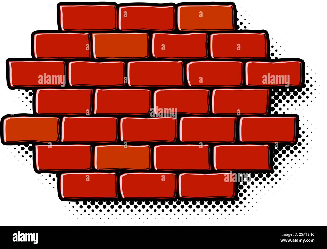 Cartoon red brick wall fragment in pop art style. Vector on transparent ...