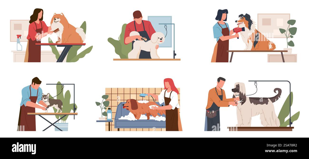 Pet services. Groomers with different breeds dogs, animals haircut ...