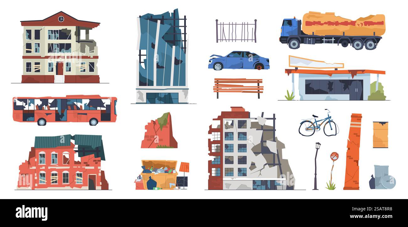 Damaged city objects. Collapsing urban buildings and transport, post ...