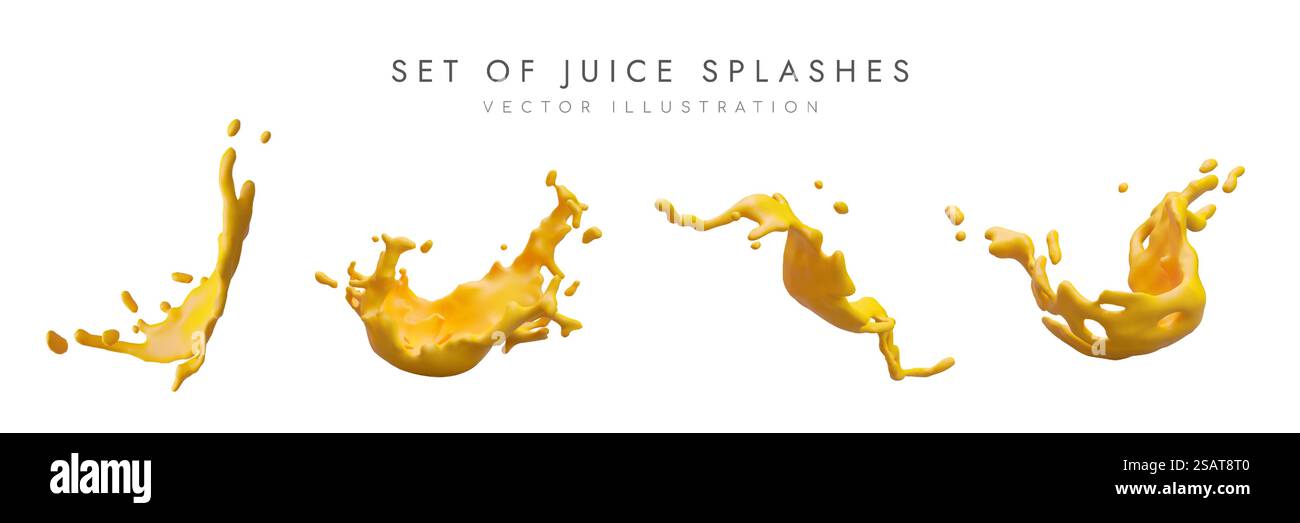 Set of realistic juice splashes. Orange juice in air, drops and stream ...