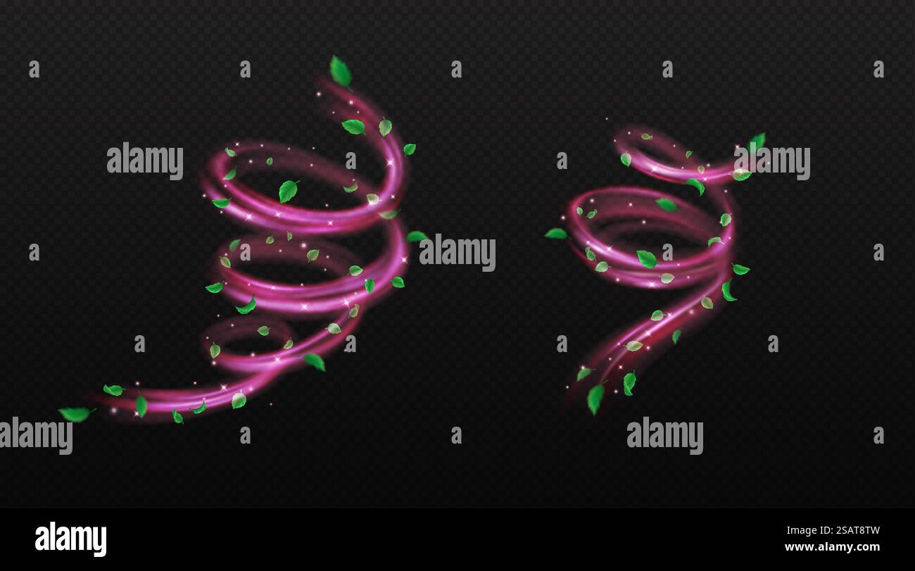 Fresh leafage whirling by shiny pink flows realistic vector illustration set. Leaves in magic ...