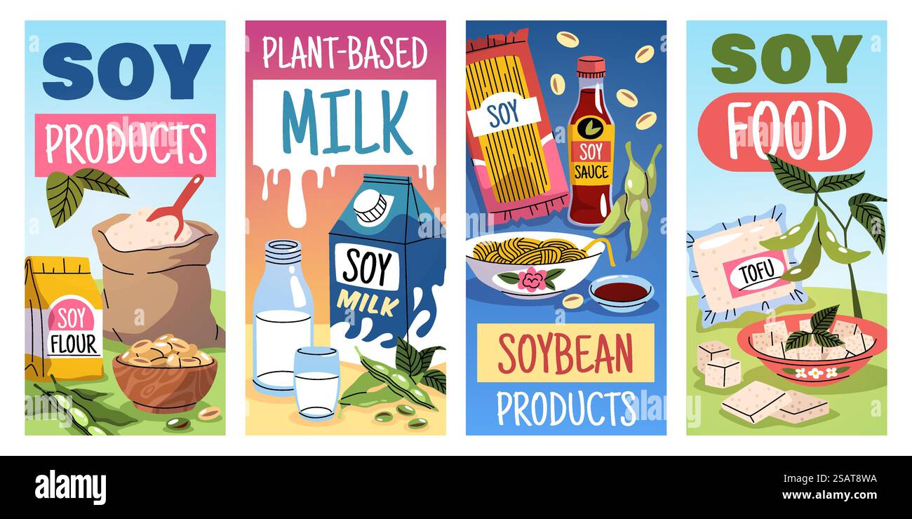 Cartoon soy products cards. Different soybeans food banners, natural ...