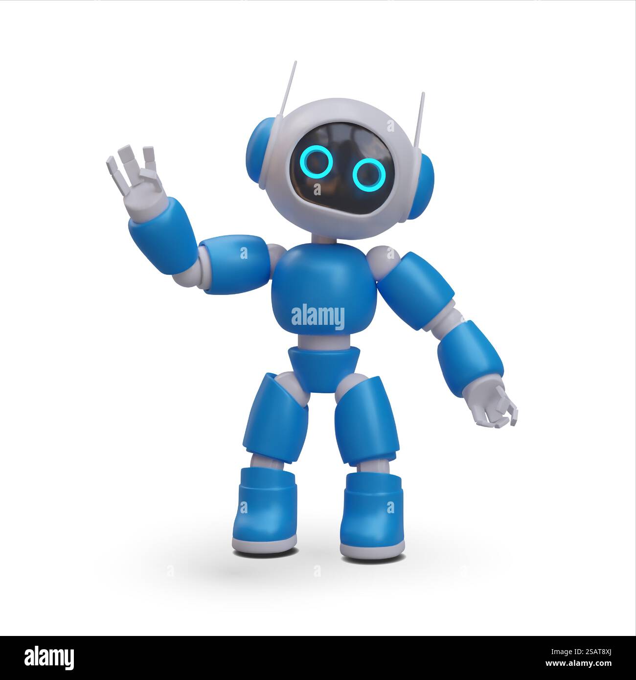 Realistic blue robot waving in friendly manner. Artificial intelligence, cartoon style droid ...
