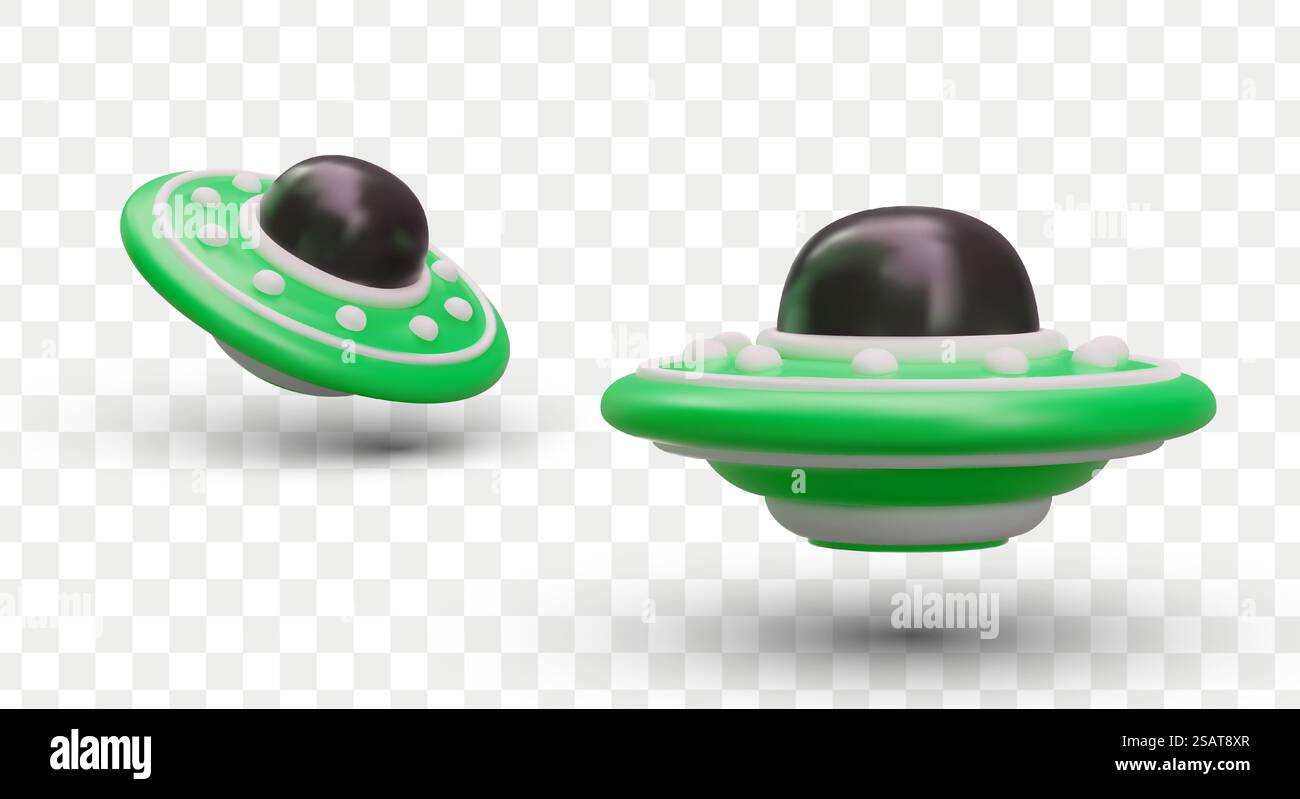 3D flying saucer with black opaque dome. Vector object in different ...