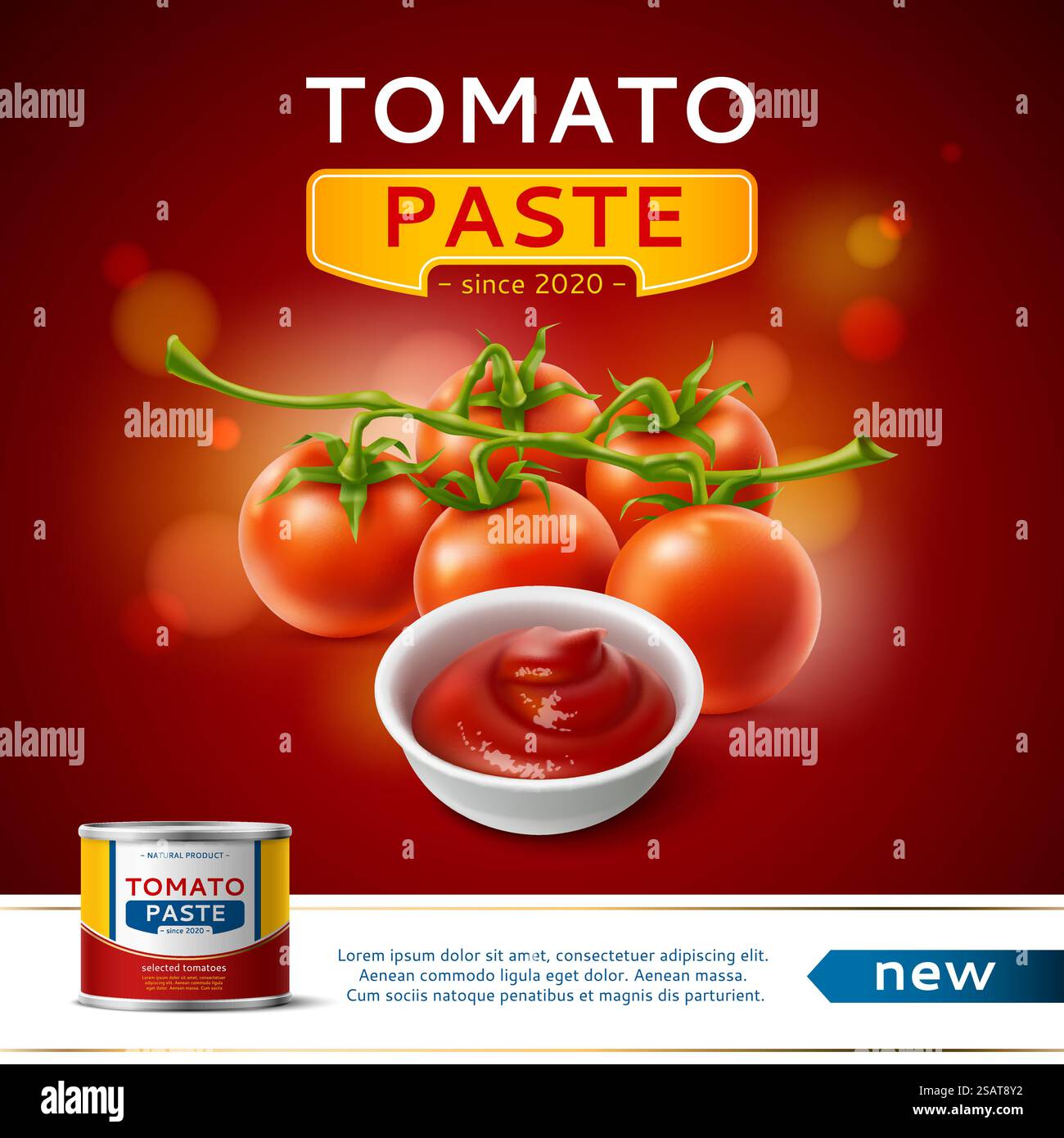 Tomato product poster. Realistic tin can with vegetable paste ...