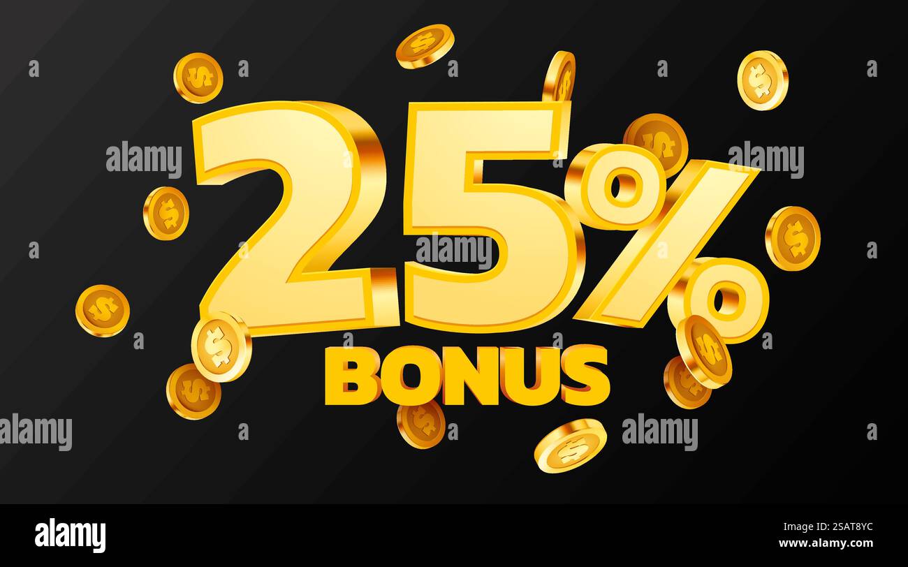 25 percents bonus. Falling golden coins. Cashback or prize concept ...