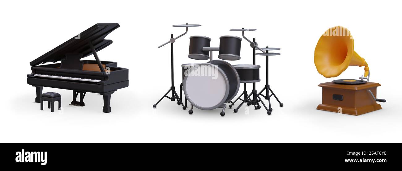 Set of realistic musical instruments and players. Grand piano, drum set ...