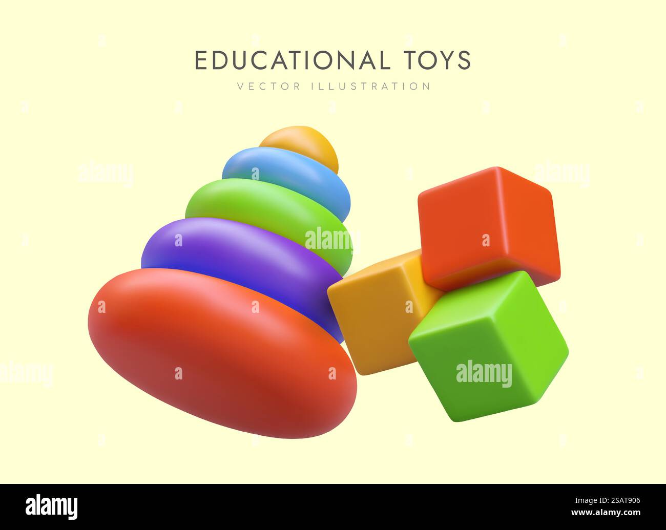 Colorful pyramid and cubes. Placard with educational toys, yellow ...