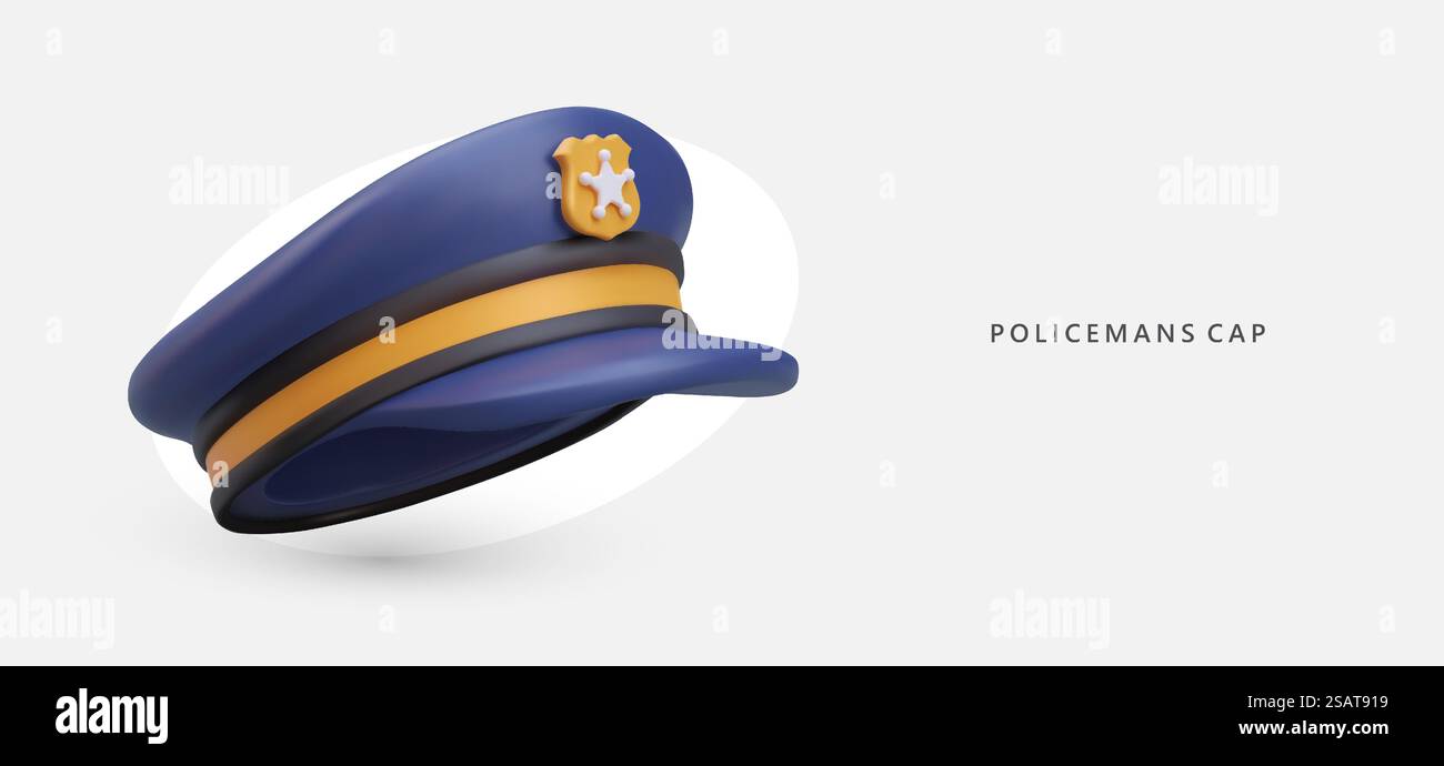 Realistic blue policeman cap in cartoon style, side view. Uniform ...