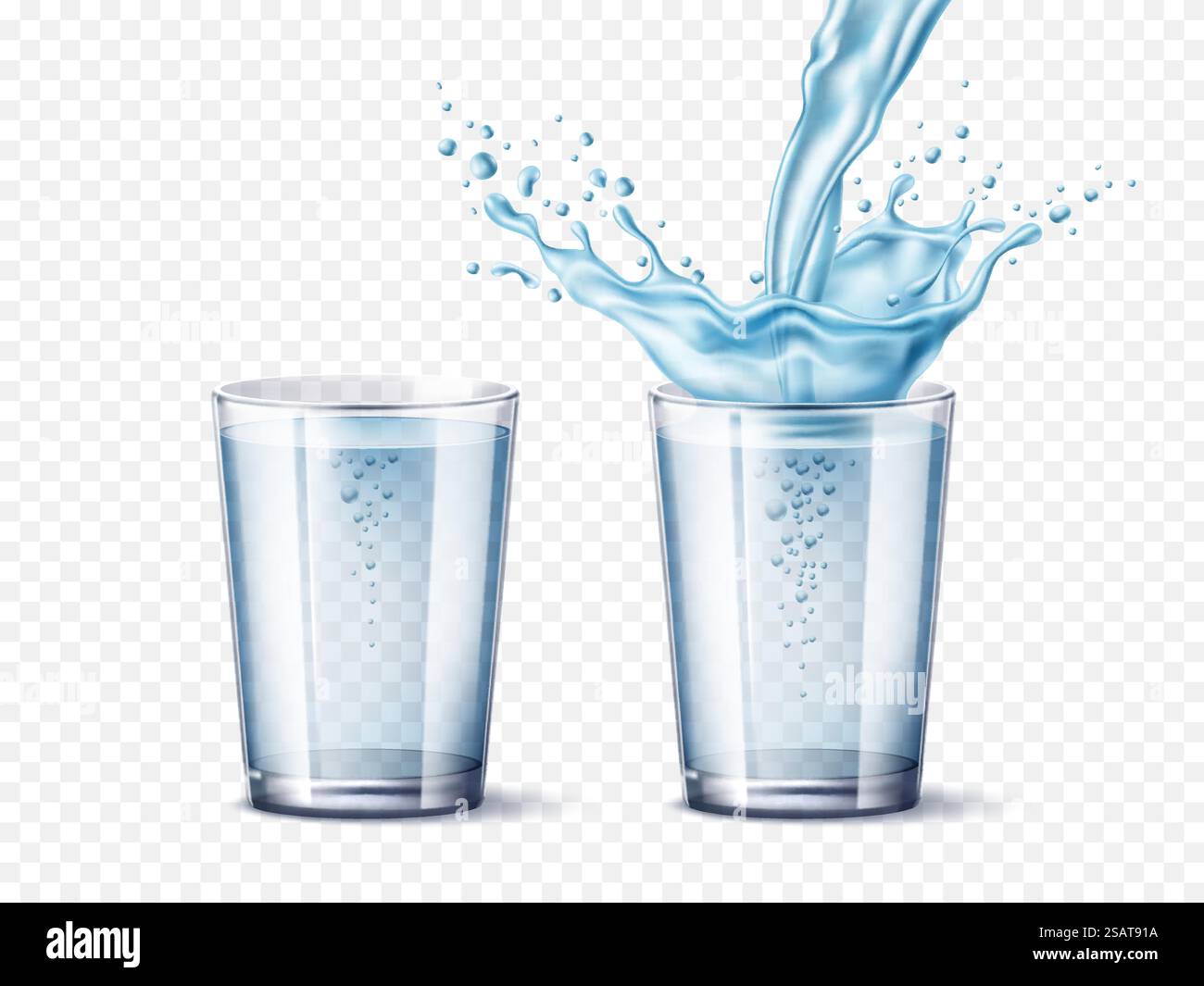 Realistic water glass. 3d transparent standard glasses. Cup with pure ...