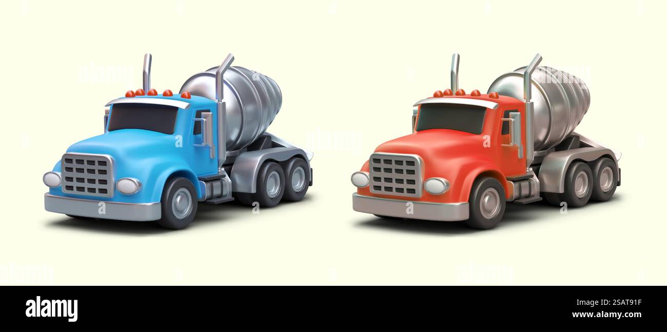 Realistic red and blue concrete mixer trucks. Transportation of ready ...