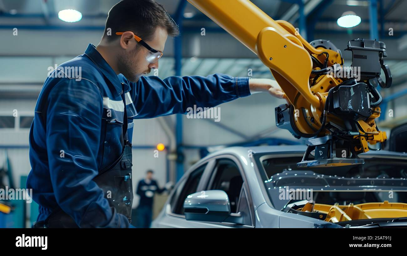 This image depicts an engineer carefully adjusting the arm of a robotic ...